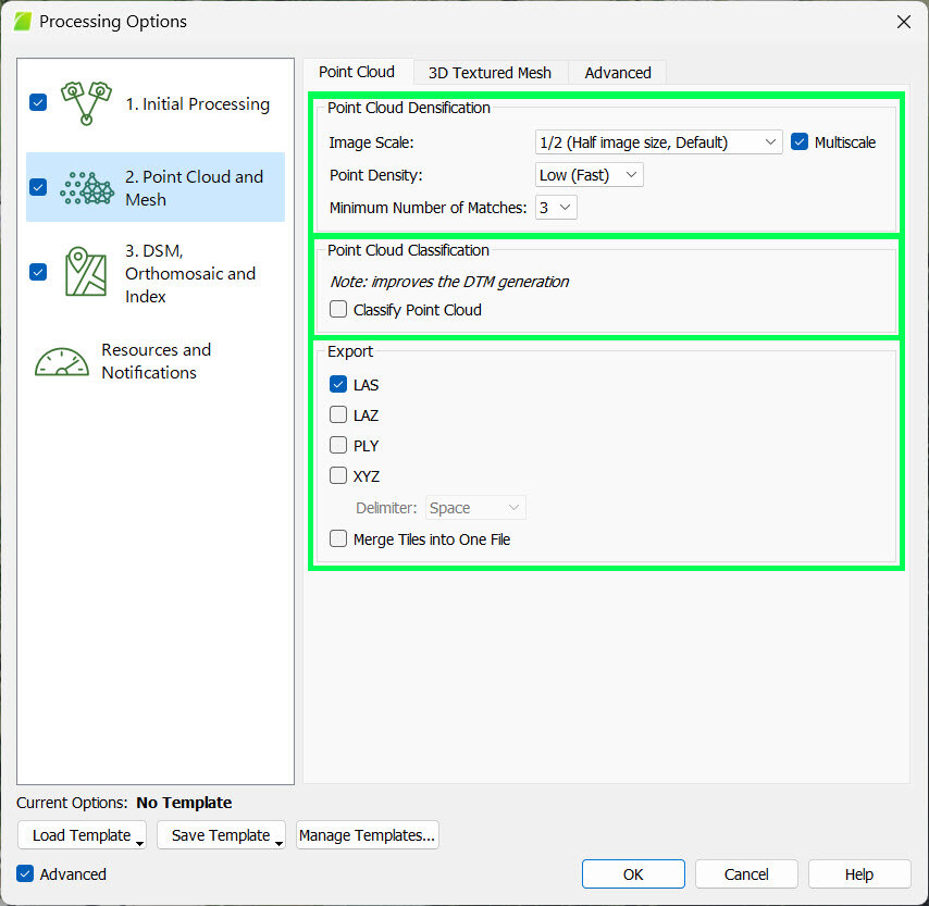 Menu Process > Processing Options... > 2. Point Cloud and Mesh > Point Cloud - PIX4Dmapper